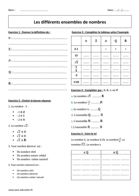 Ensembles de nombres - Seconde - Exercices corrigés - Pass Education