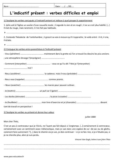 Indicatif présent - Verbes difficiles - 3ème - Exercices corrigés ...