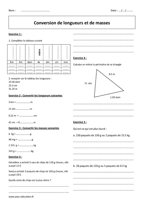 Longueurs - Masses - 6ème - Exercices corrigés sur la conversion des ...