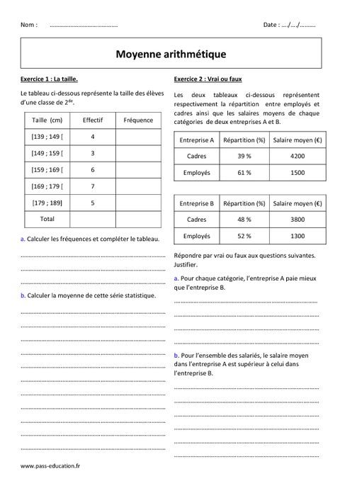 Moyenne arithmétique - 2de - Exercices corrigés à imprimer - Pass Education