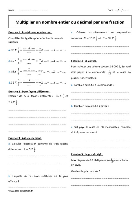 Multiplier un nombre entier ou décimal par une fraction - 6ème ...