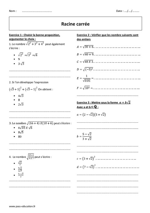 Racine carrée - Seconde - Exercices à imprimer - Pass Education