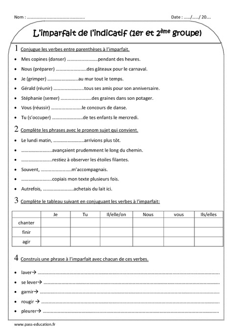 Verbes du 1er et 2ème groupe à l'imparfait - Ce2 - Exercices - Pass ...