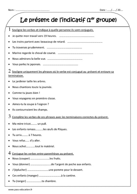 Verbes du 1er groupe au présent de l'indicatif - Ce2 - Exercices à ...