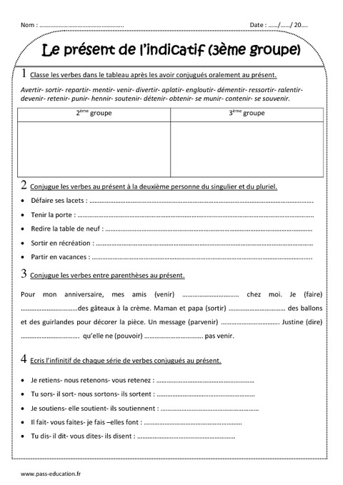 Verbes du 3ème groupe au présent de l'indicatif - Ce2 - Exercices à ...