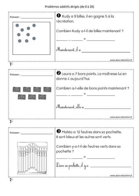 Addition - Problèmes additifs dirigés de 0 à 20 - CP - Exercices - Pass ...