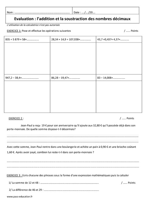Addition et soustraction de décimaux - 6ème - Evaluation - Pass Education