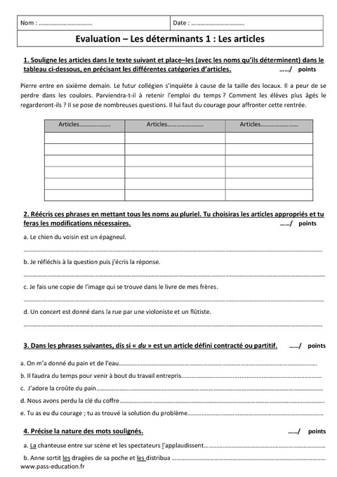 Articles - Déterminants - 6ème - Contrôle à imprimer - Pass Education