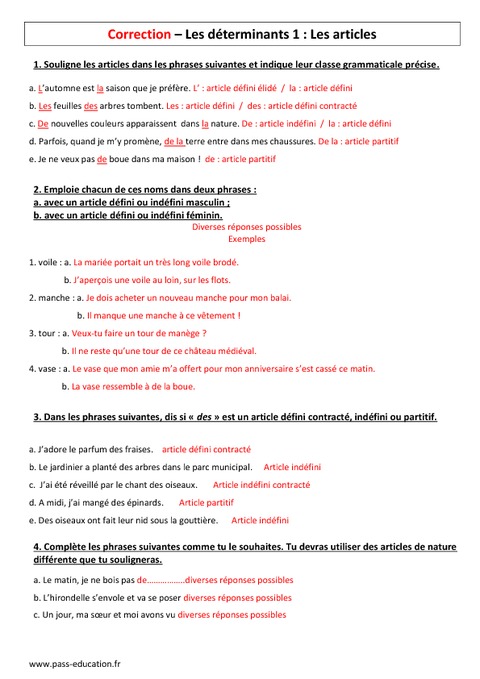 Articles - Déterminants - 6ème - Evaluation corrigée - Pass Education