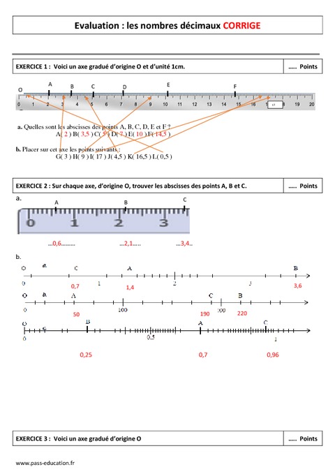 Droite graduée - 6ème - Evaluation sur les nombres décimaux - Pass ...