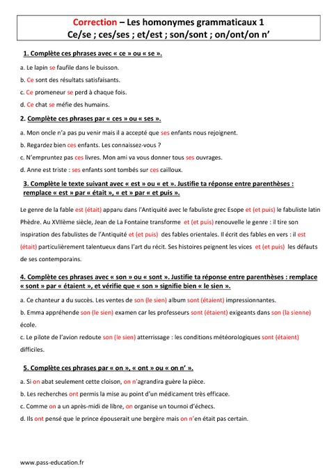 Ce - se ; ces - ses ; et - est ; son - sont ; on - ont - on n ...