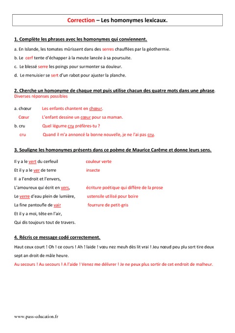 Homonymes lexicaux - 6ème - Contrôle corrigé - Pass Education