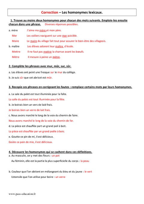 Homonymes lexicaux - 6ème - Evaluation à imprimer - Pass Education