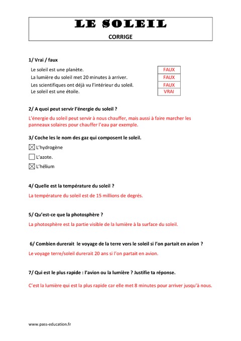 Le soleil – Ce2 – Lecture compréhension - Pass Education