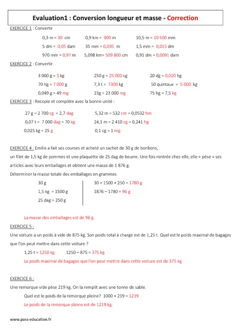 Longueur et masse - 6ème - Contrôle sur la conversion des mesures ...