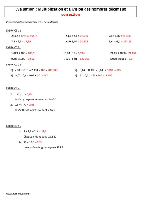 Multiplication et division des nombres décimaux - 6ème - Contrôle ...