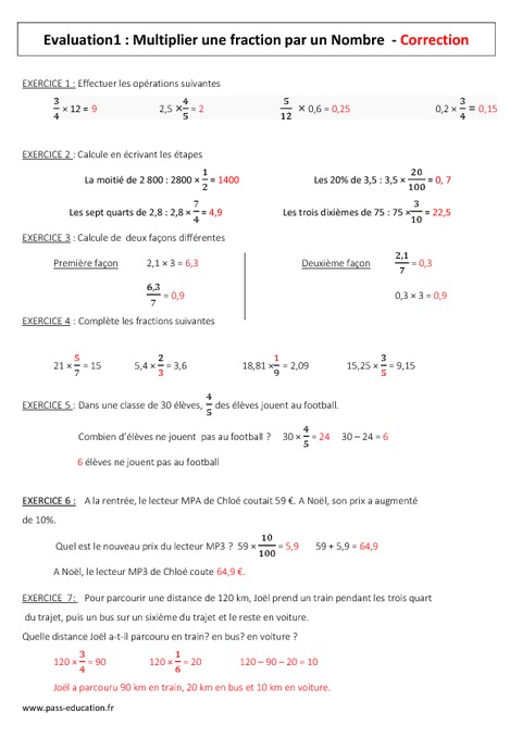 Multiplier un nombre par une fraction - 6ème - Evaluation - Pass Education