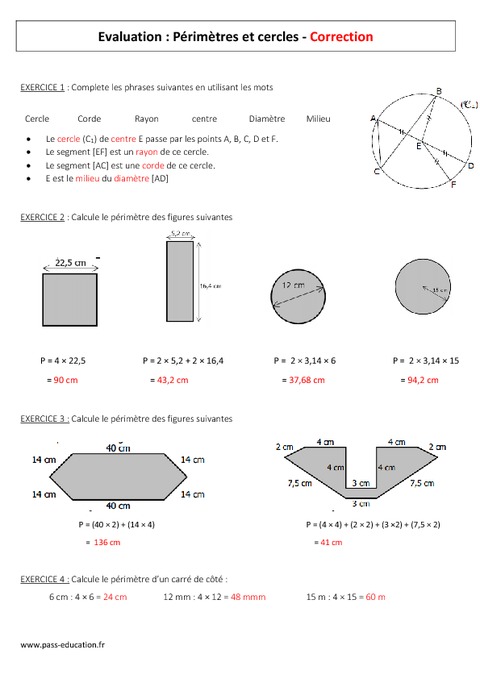 Périmètres et Cercles - 6ème - Evaluation - Pass Education