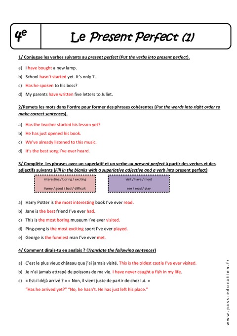 Present Perfect - 4ème - Exercices à imprimer - Pass Education