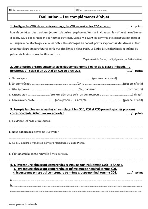 Direct, indirect, second - 6ème - Contrôle sur les compléments d'objet ...