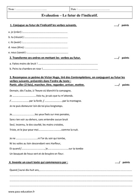 Futur - Indicatif - 6ème - Contrôle de conjugaison - Pass Education