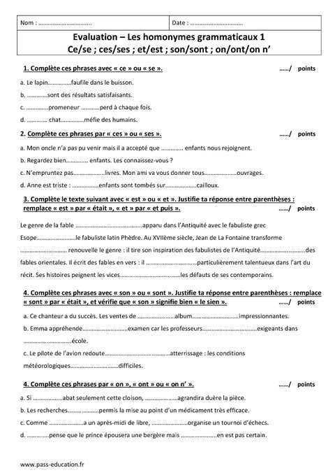 Ce - se ; ces - ses ; et - est ; son - sont ; on - ont - on n ...