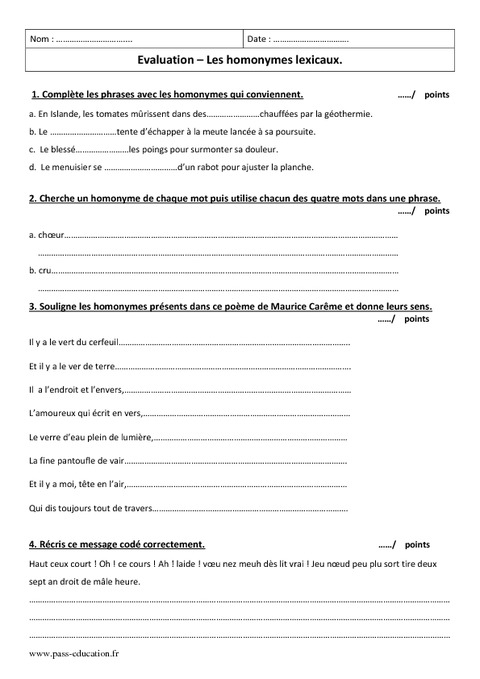Homonymes lexicaux - 6ème - Contrôle corrigé - Pass Education