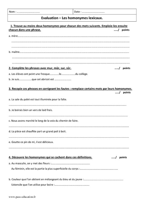 Homonymes lexicaux - 6ème - Evaluation à imprimer - Pass Education