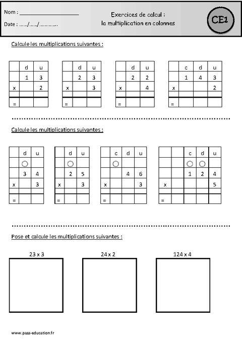 Multiplication en colonnes - Ce1 - Révisions à imprimer - Pass Education