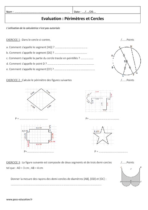 Périmètres et Cercles - 6ème - Contrôle Corrigé - Pass Education