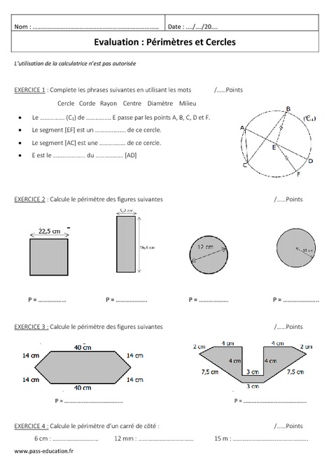 Périmètres et Cercles - 6ème - Evaluation - Pass Education