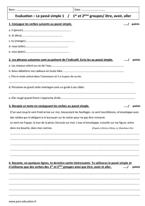 Passé simple - 6ème - Contrôle avec correction - 1er et 2ème groupes ...