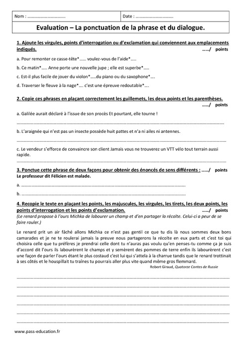 Ponctuation du dialogue et de la phrase - 6ème - Contrôle à imprimer ...