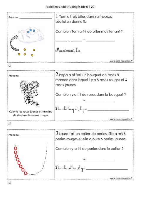 Problèmes additifs dirigés de 0 à 20 - CP - Exercices - Pass Education