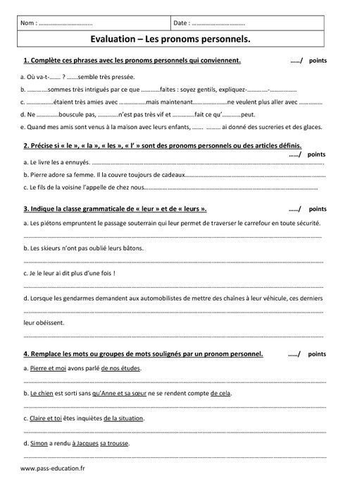 Pronoms personnels - 6ème - Evaluation - Pass Education