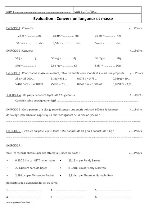 Conversion de longueur et de masse - 6ème - Evaluation - Pass Education