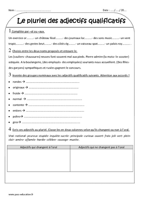 Accord de l'adjectif qualificatif en nombre - Ce2 - Exercices corrigés ...