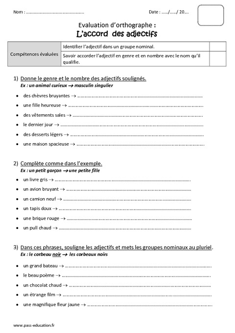 Accord des adjectifs - Ce2 - Bilan avec le corrigé - Pass Education