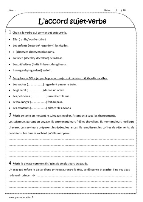 Accord sujet-verbe - Ce2 - Exercices corrigés - Pass Education