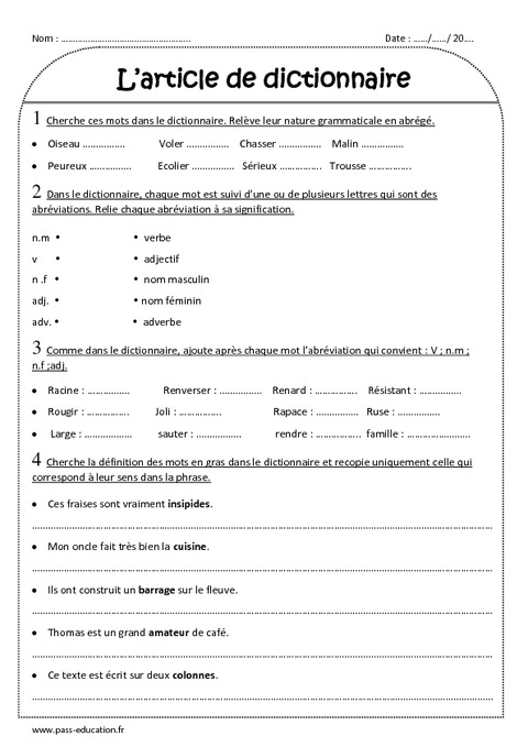 Article de dictionnaire - Ce2 - Exercices à imprimer - Pass Education Article de dictionnaire - Ce2 - Exercices à imprimer - Pass Education