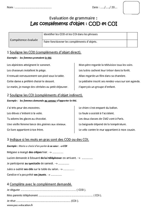 Complément d'objet - COD - COI - Cm2 - Bilan - Pass Education