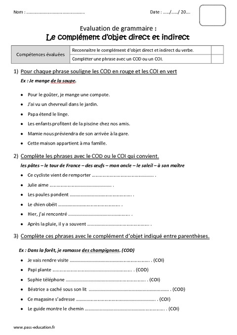 Complément d'objet direct et indirect - Ce2 - Bilan sur le COD - COI ...