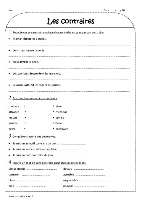 Contraires - Antonymes - Ce2 - Exercices à imprimer - Pass Education