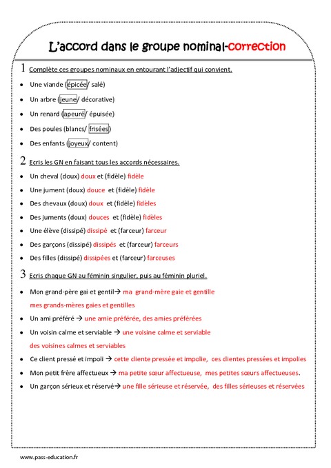 Accord dans le groupe nominal - Ce2 - Exercices corrigés - Pass Education