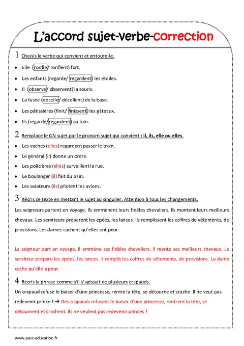 Accord sujet-verbe - Ce2 - Exercices corrigés - Pass Education
