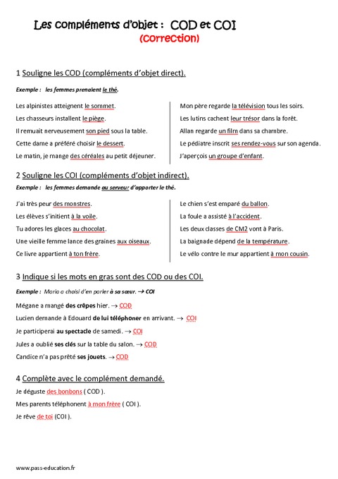 Complément d'objet - COD - COI - Cm2 - Bilan - Pass Education