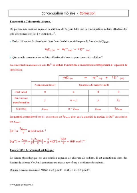 Concentration molaire - 1ère S - Exercices corrigés - Pass Education