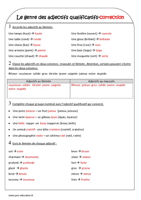 Genre des adjectifs qualificatifs - Ce2 - Exercices corrigés - Pass ...