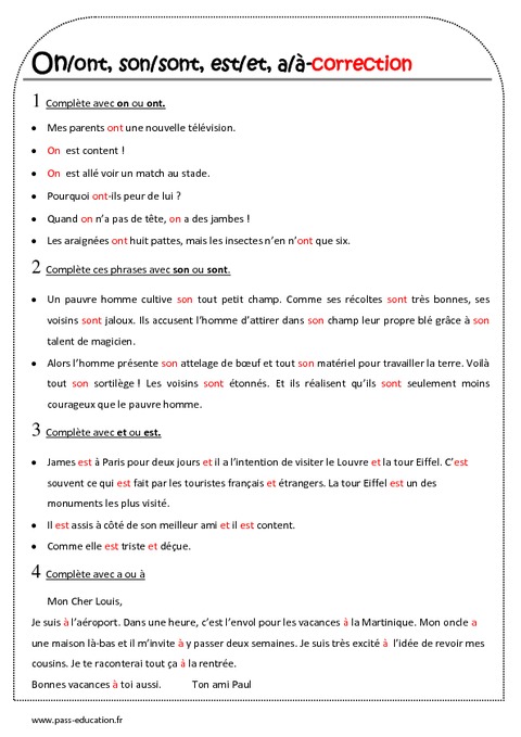 On - ont, son - sont, est - et, a - à - Ce2 - Exercices sur les ...