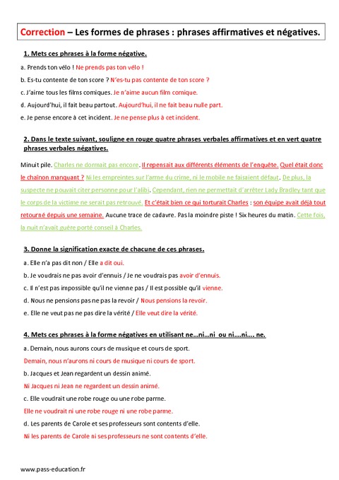 Phrases affirmatives et négatives - 6ème - Contrôle sur les formes de ...